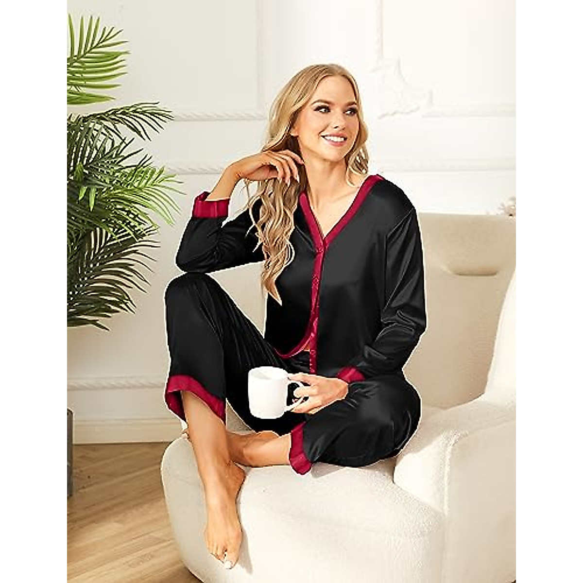SWOMOG Women Silk Satin Pajama Set Button Down 2Pcs Sleepwear Long Sleeve Pjs Soft Black XLarge Loungewear with Pockets