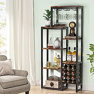 LITTLE TREE Wine Rack Freestanding Floor, 5-Tier Wine Baker Rack Wine Display Shelf with Glass Holder & Wine Storage for Bar, Kitchen, Dining Room, Rustic Brown