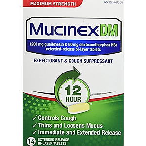 Mucinex DM Maximum Strength 12-Hour Expectorant and Cough Suppressant Tablets, 14 ct