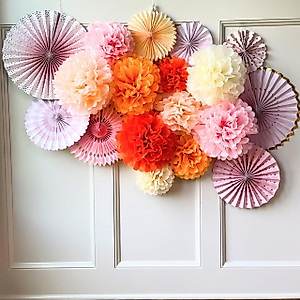 PapaKit Party Tissue Pom Pom Paper Flower Set, for Birthday Party Baby Shower Wedding Engagement Bachelorette Event Decoration ( Bright Orange Bloom, 20 Piece Set)