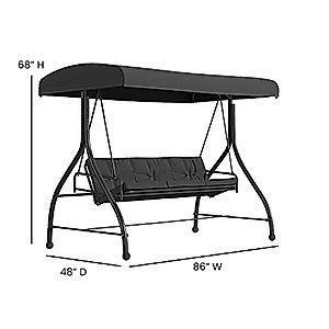 BizChair 3-Seat Outdoor Steel Converting Patio Swing Canopy Hammock with Cushions / Outdoor Swing Bed (Black)