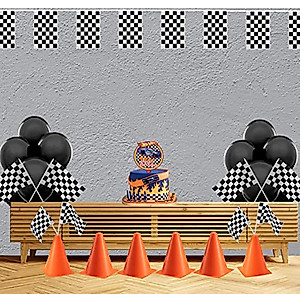 Traffic Cones and Racing Checkered Flags - (24 Pcs) 12 - Black and White Flags on Sticks and 12 – 7-Inch Mini Orange Sports Safety Cones for Kids - Race Car Theme Birthday Party Supplies