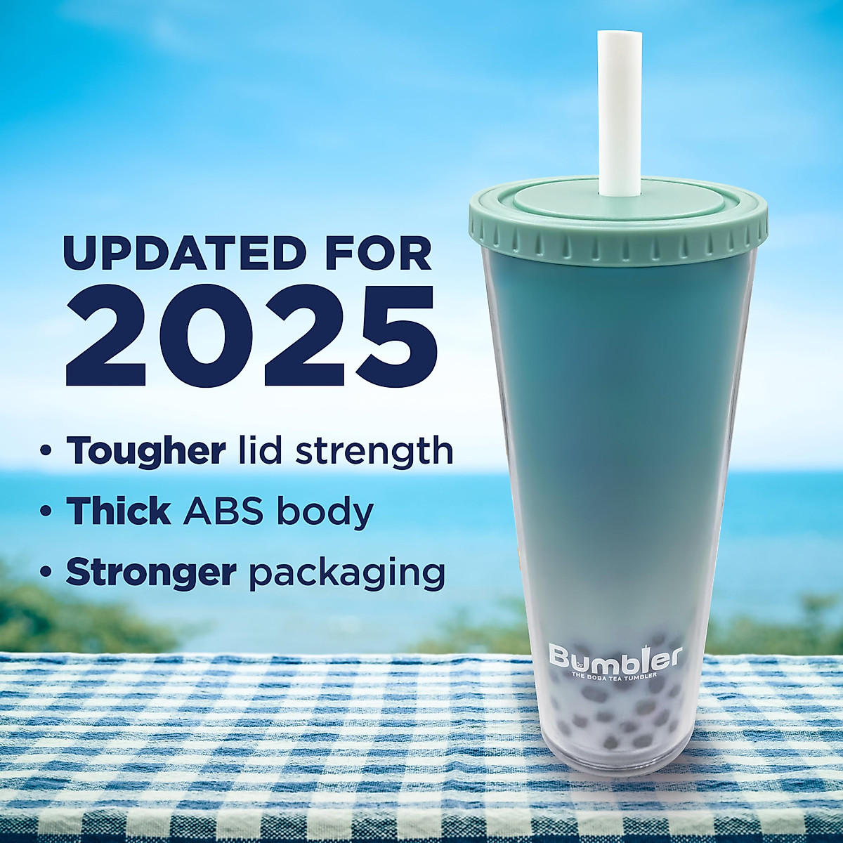 Bumbler 24oz Large Reusable Portable Eco-Friendly Tumbler | Drinking Cup with Wide Soft Tip Straw, Aesthetic Leak-Proof Lid – for Boba Tea, Smoothies, Iced Coffee, Hot or Cold Drinks – Fresh Mint