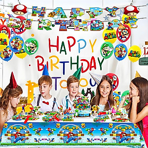 123Pcs Super Bros Themed Party Decorations, Birthday Party Supplies Decorations Set-Plates Napkins Tablecloth Banners Fork etc for 20 Guests Kids Birthday (Set A)