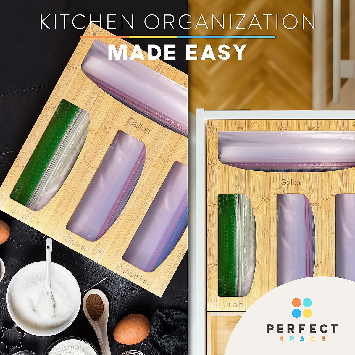 Bamboo Ziplock Bag Storage Organizer w/ 4 Compartments - Baggie Organizer for Kitchen Drawer - Compatible Gallon, Snack, Sandwich, Quart Size Ziplock Bags - Wall Hang, Ziplock Organizer for Drawer