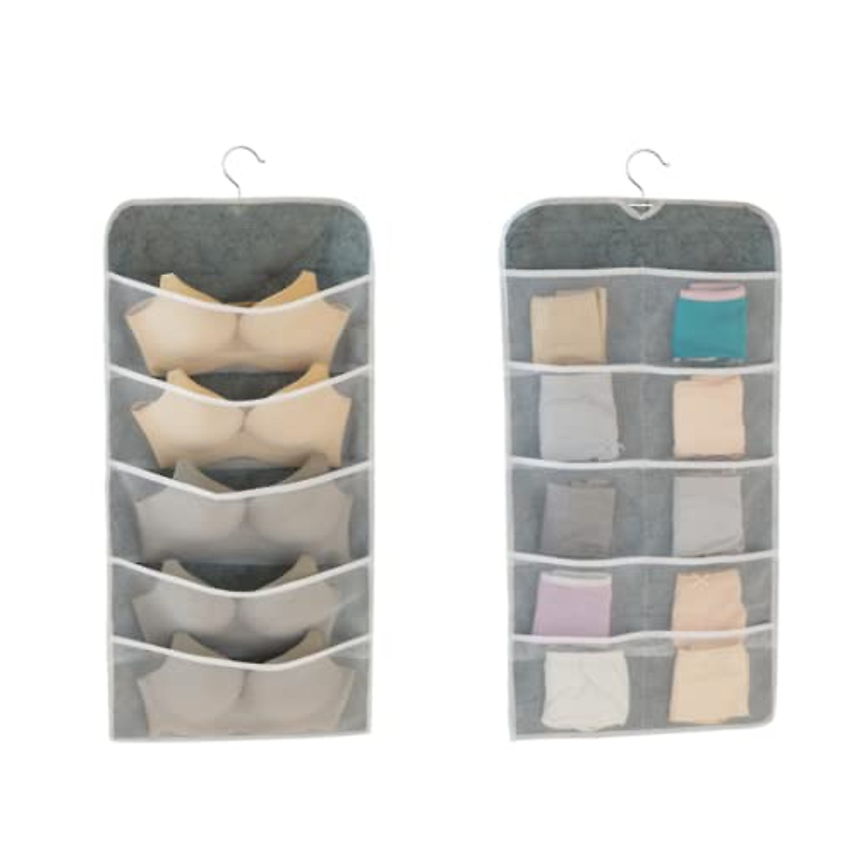 Cafurty Closet Hanging Organizer with Mesh Pockets & Rotating Metal Hanger,Dual Sided Wall Shelf Wardrobe Storage Bags,Oxford Cloth Space Saver Bag for Bra Underwear Underpants Socks -Grey