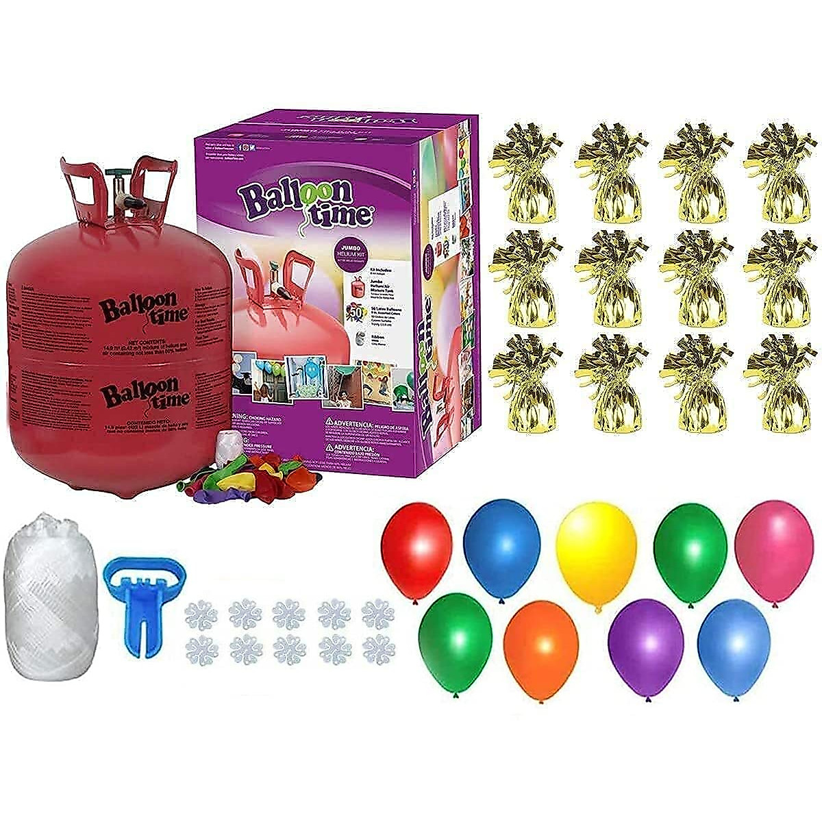 BLUE RIBBON, Helium Tank with 50 Balloons and White Ribbon + 12 Gold Balloon Weights + Plus Balloon Tying Tool