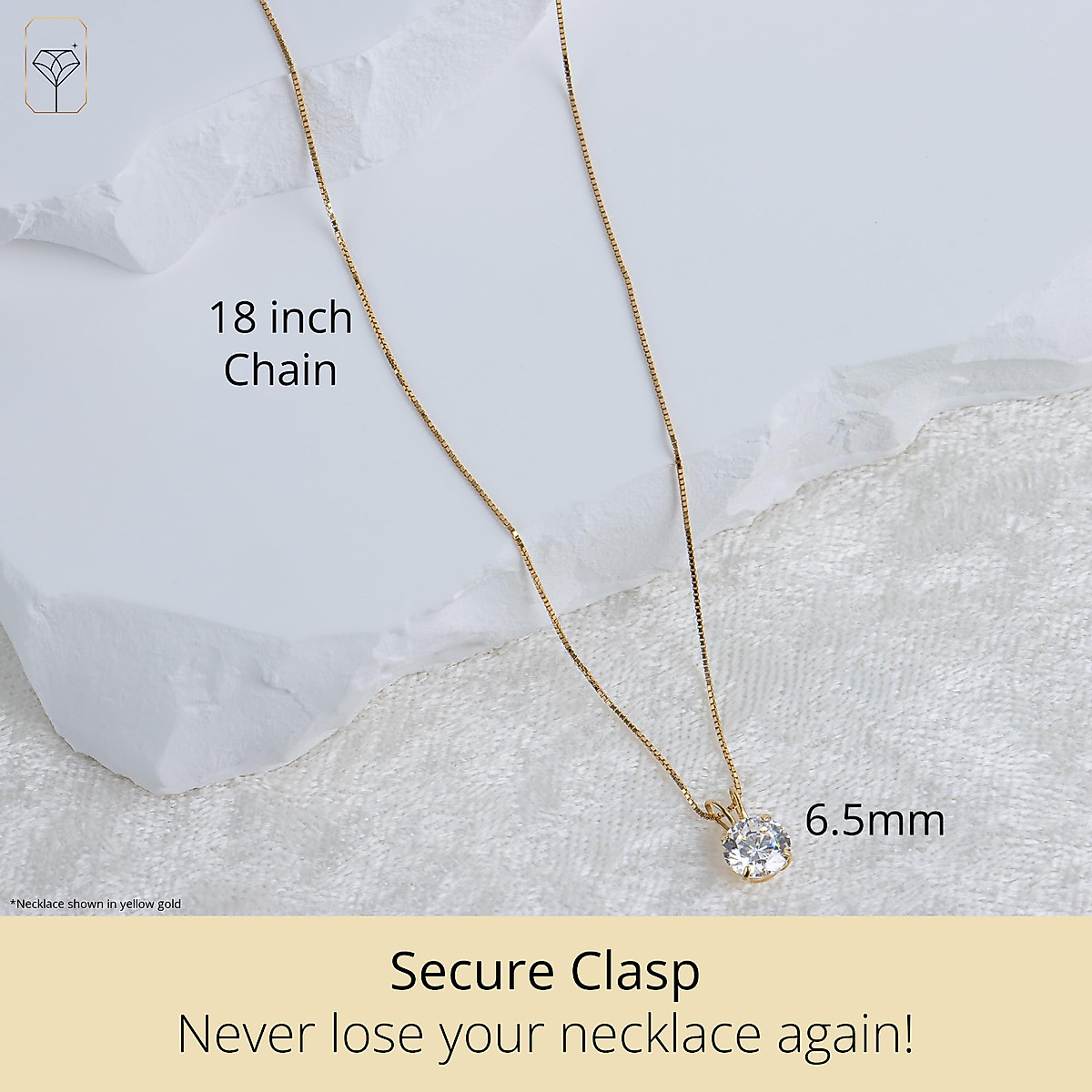 MAX + STONE 14k Yellow Gold 6.5mm Round Solitaire Cubic Zirconia Pendant Necklace for Women with 18 Inch Box Chain