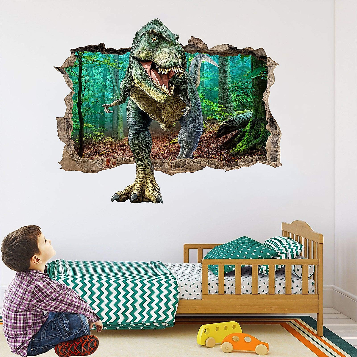 Supzone Dinosaur Wall Stickers Broken 3D Decorative Wall Decals Removable Boys Bedroom Baby Nursery Childrens Wall Decor