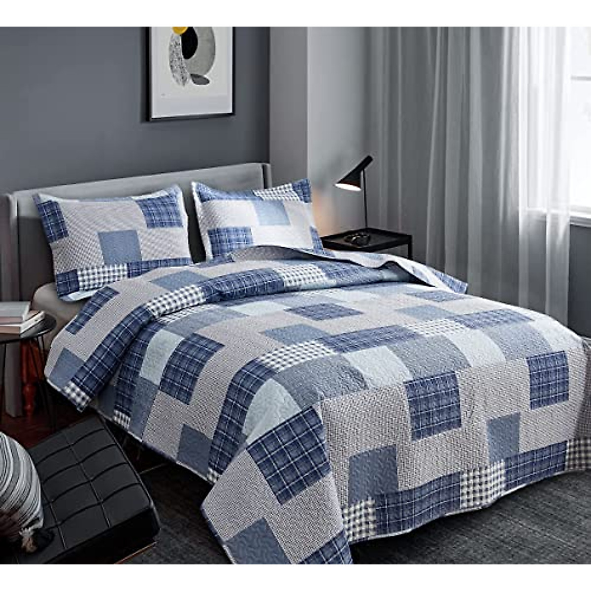 Bedspread Set Queen/Full Size Plaid Quilt Bedding Queen Grey Blue Patchwork Modern Lightweight Quilt Bedspread Home Reversible Coverlet-Soft Polyester 3 Piece Quilt Set Collection