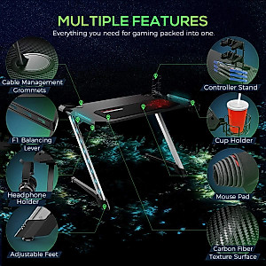 EUREKA ERGONOMIC Z1S PRO Gaming Computer Desk RGB LED Lights 44.5 inch Z Shaped Home Office PC Gaming Desks Table with Cup Holder Headset Hook & Mouse Pad, Sliver