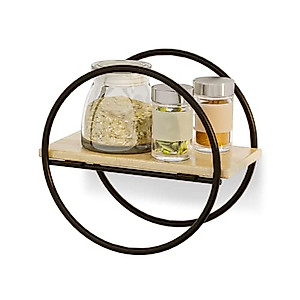 BENOLDY, Circle Mini - Luxury Varnished Pine Wood Floating Shelf - Black Metal Frame Mini Wall Decor Shelves for Bathroom, Living Room, Bedroom and Kitchen