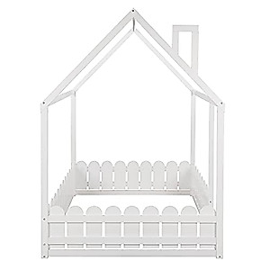 Merax Wooden House Bed with Fence-Shaped Guardrail Montessori Bed Frame for Kids, Toddlers, Girls, Boys (Full,White)