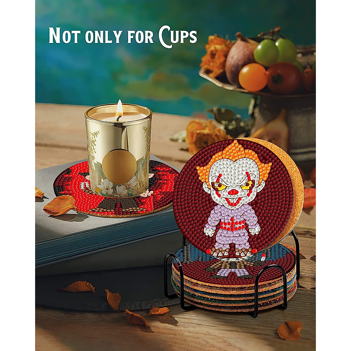8Pcs Diamond Painting Coasters with Holder,DIY Halloween Life Coaster Diamond Art Kits for Adults Kids,Beginners Round Full Drill Diamond Art Craft Supplies