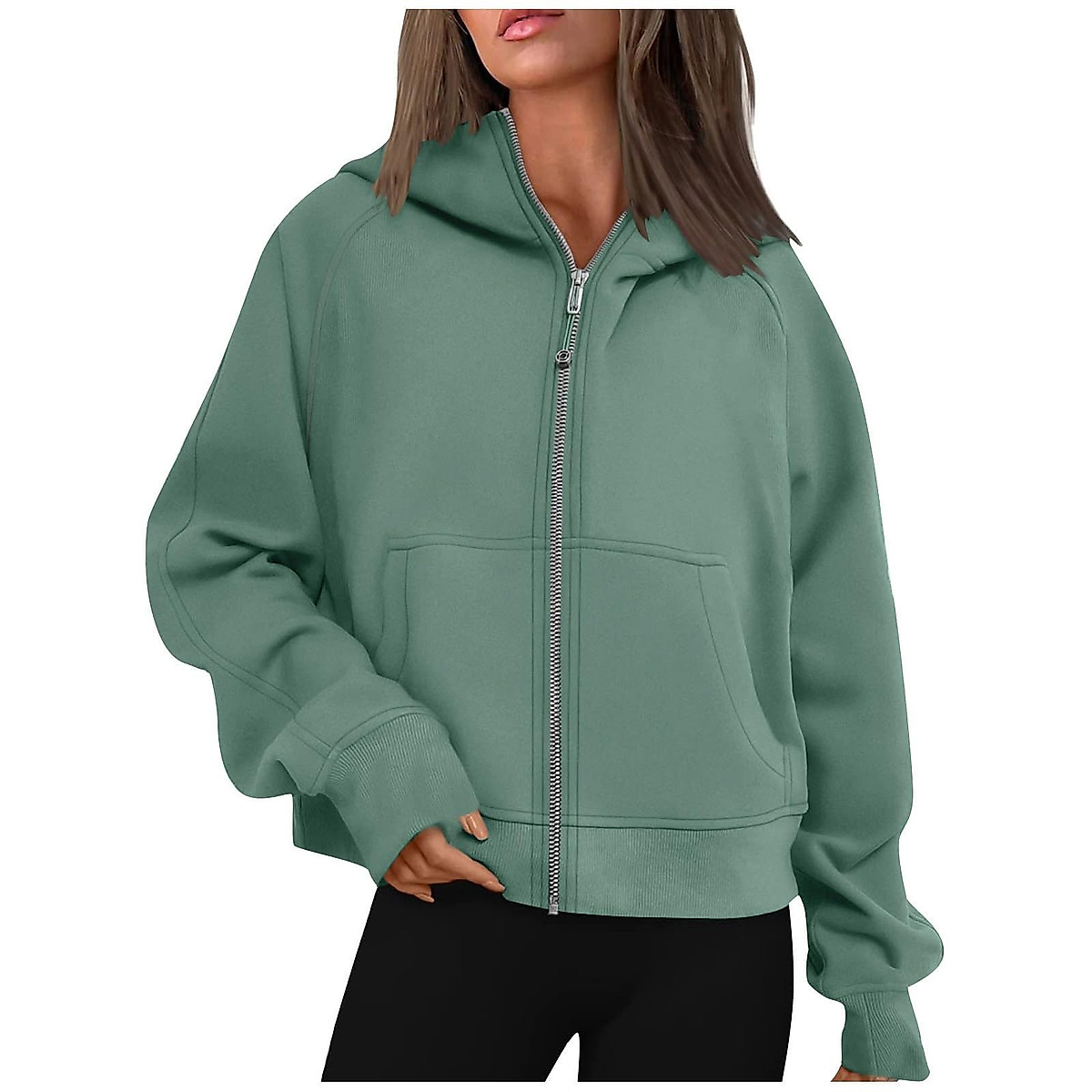 MRGIINRI Black Fashion Friday Deals Womens Hoodies Casual Zip Up Fleece Cropped Sweatshirts 2023 Fall Outfits Clothes Thumb Hole