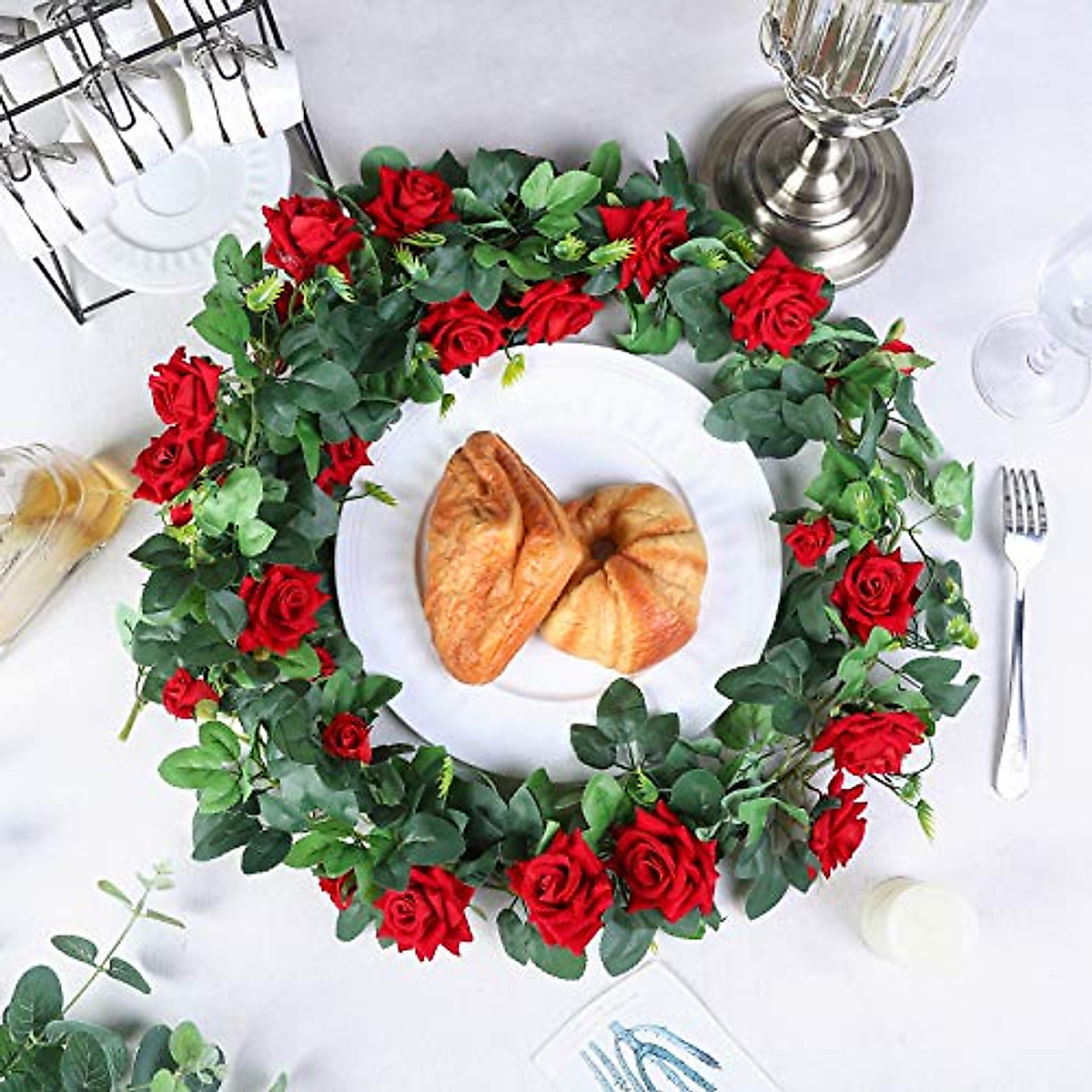 Hobyhoon Artificial Rose Vines Flowers Garland 5.6ft Silk Velvet Rose Vines Fake Hanging Rose Ivy Plant for Wedding Party Home Wall Garden Decorations (Red-3pcs)