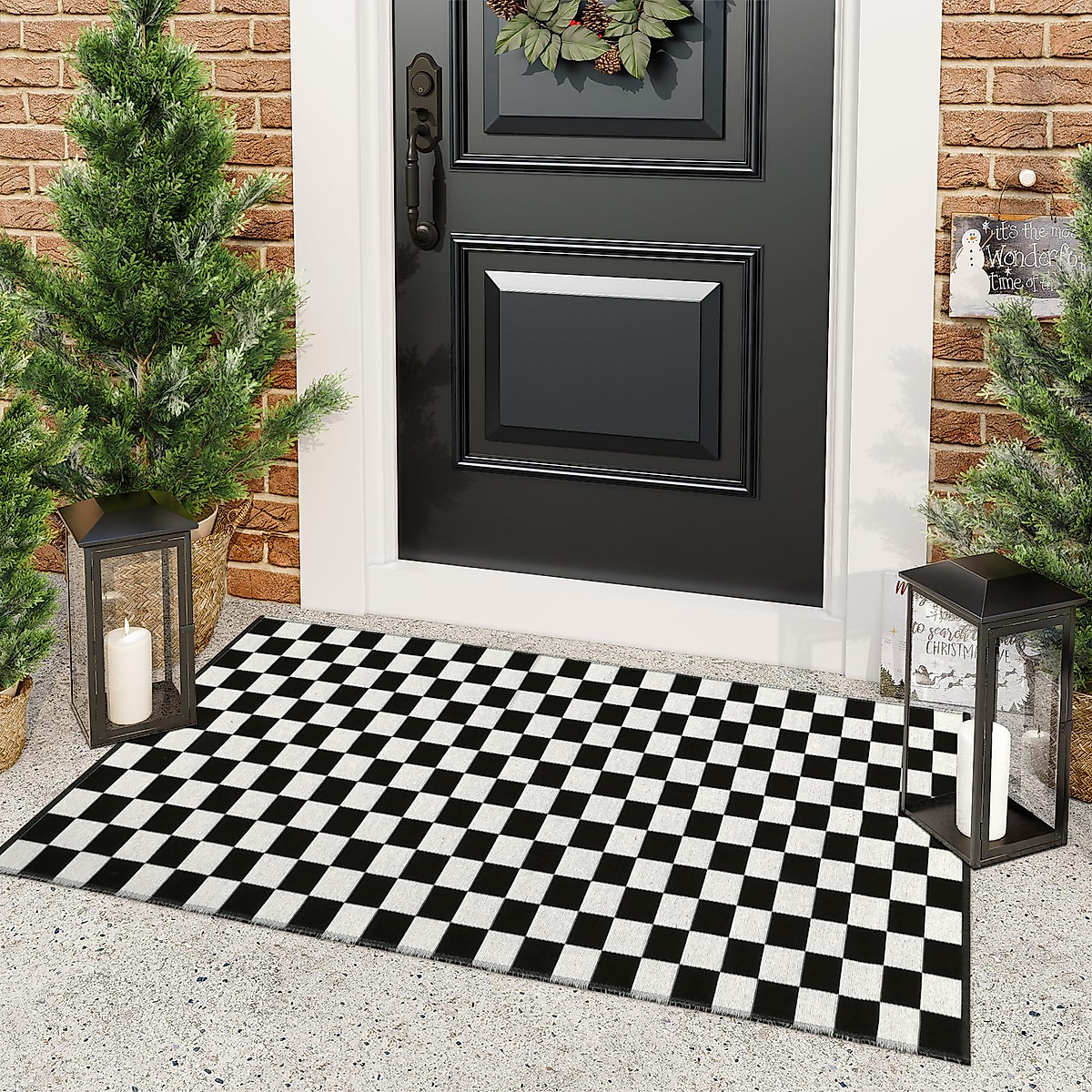 Seavish Checkered Rug, 2x4 Ft Moroccan Checkerboard Rug Black and White Outdoor Washable Runner Rug Cotton Woven Area Rugs Reversible Floor Mat for Front Door Bedroom Entryway Hallway Entryway