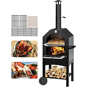Waleaf Outdoor Pizza Oven, Wood Fired Pizza Oven for Outside with Grill, 12 in Pizza Stone and Wheels, Pizza Maker Camping Cooker with 2 Layer Steel for Backyard Party