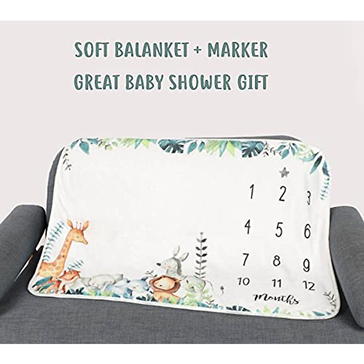 Popfavors, Yuzioey Safari Baby Monthly Milestone Blanket, Jungle Animals Baby Month Blanket , Baby Boy Blanket Growth Chart Nursery Decor, Includes Marker, White, 50Inx40In