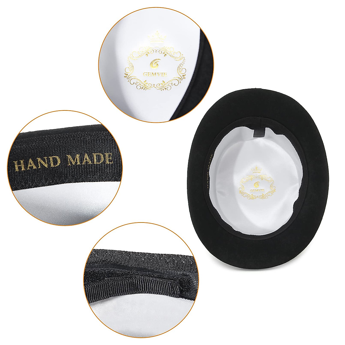 GEMVIE Men's 100% Wool Top Hat Satin Lined Party Dress Hats Derby Black Hat