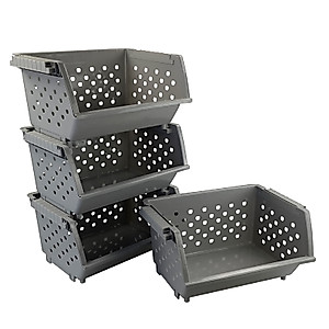Ucake 4 Pack Stackable Detachable Storage Baskets, Stacking Bins for Organizing Grey White