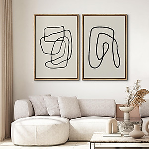 SIGNWIN Framed Wall Art Print Set Black Lines Over Tan Plain Background Abstract Swirly Cozy Neutral Modern Art Mid-Century Modern Expressive for Living Room, Bedroom, Office - 16"x24"x2 Panels
