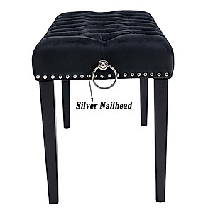 DUOMAY Tufted Ottoman Bench w/Ring Pull, Velvet Dining Bench Entryway Bench Footrest Stool Padded Seat for Living Room Bedroom, Black