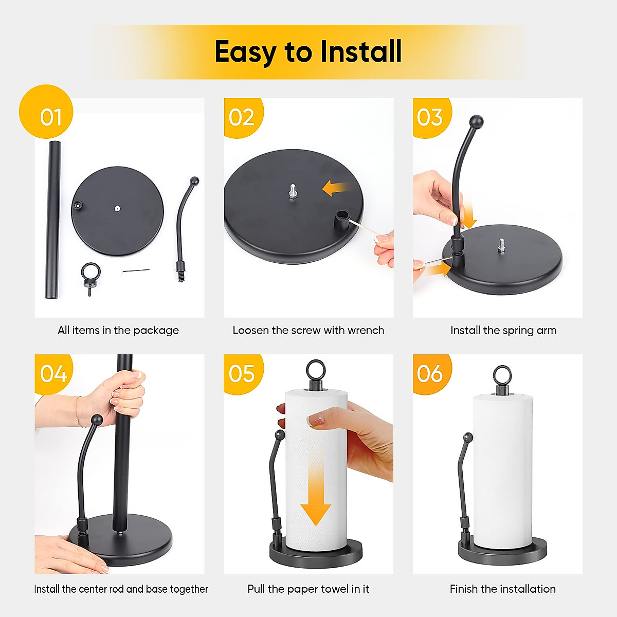 Paper Towel Holder Stainless Steel - One Hand Tear Paper Towel Dispenser Standing Weighted Base Non Slip, Spring Arm, Stainless Steel Paper Towel fits in Kitchen Bathroom Countertop Black