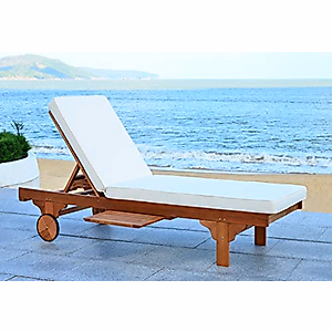 SAFAVIEH Outdoor Collection Newport Natural/ Beige Cushion Built-in Side Table Adjustable Chaise Lounge Chair