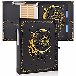 3 Ring Binder 1 Inch Three Ring Binder Cute Binder Fits A4 Paper Decorative Clipboard Binder with 5 Tab Dividers for School Office Supplies(Black Gold Sun Moon)