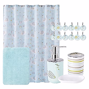 Indecor Home Bathroom Accessory Set, Fun Swan Design, Includes Shower Curtain, 12 Printed Curtain Hooks, Soap Dish, Toothbrush Holder, Soap Dispenser and Soft Non-Slip Bath Rug Mat Box Set