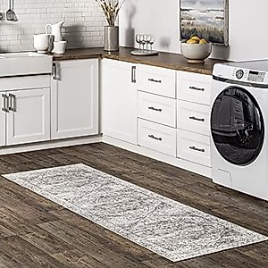 nuLOOM Brielle Machine Washable Vintage Medallion Runner Rug, 2' 6" x 12', Grey, Rectangular, 0.1" Thick