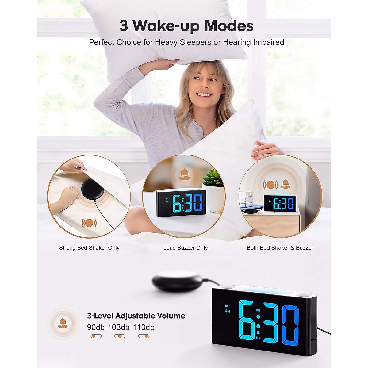 Roxicosly Loud Bed Shaker Alarm Clock for Heavy Sleepers + Vibrating Alarm Clock with RGB Digits & Colorful Night Light