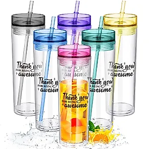 Didaey 6 Pcs Thank You Appreciation Gift for Employee Skinny Plastic Tumblers with Lid and Straw 16 oz Colored Clear Double Wall Tumbler for Coworker Men Women Friends Cup Gifts (Thank You)
