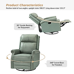 HULALA HOME Genuine Leather Swivel Rocker Recliners Set of 2 with Adjustable Backrest & Footrest, Manual Glider Recliner Chair with Swivel Base, Home Theater Sofa Armchair for Living Room Bedroom,SAGE