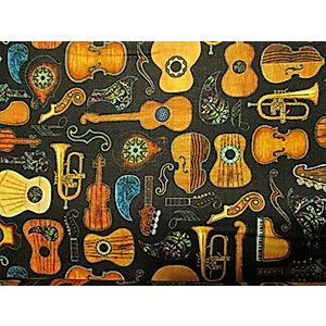 Quality Fabric 100% Cotton Fat Quarter (18'' x 22'') Guitars Mod Music Instruments Jazz Piano More Teal Digital