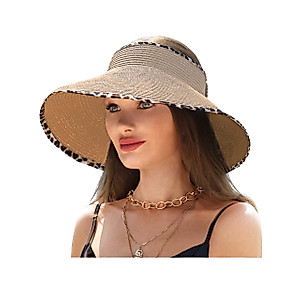LA CARRIE Wide Brim UV Protection Sun Hats for Women with Leopard Trim Straw Roll Up Beach Visor Hat UPF 50+(Khaki with Leopard)