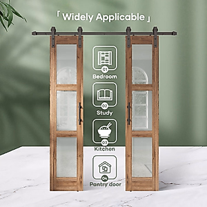 FREDBECK Double 18 x 84 inch Glass Barn Doors 36inch Barn Door with 6.6FT Hardware Kit & Handle Included,3-Panel Frosted Glass,LVL Wood Panel,Water-Proof PVC Surface,Pre-Drilled Holes,Need Assembly