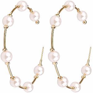Pearl Earrings Dangle Large Hoops Circle Pearl Hoop Earrings for Women Trendy Hypoallergenic Pearl Drop Earrings Elegant Wedding Party Jewelry Gift