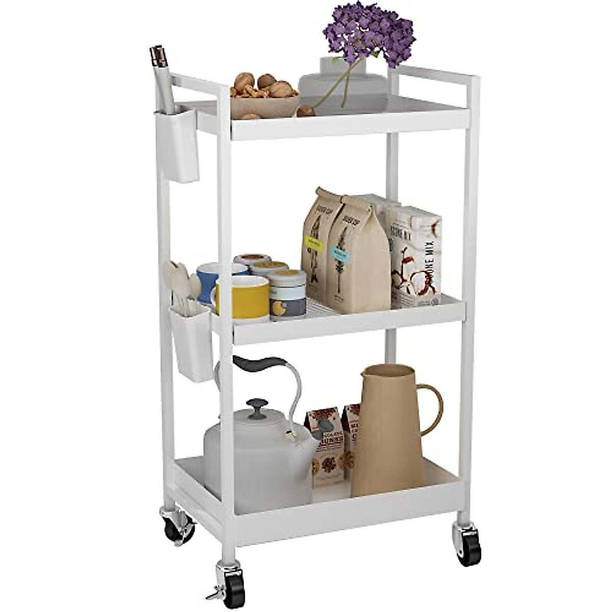 STEEHOOM 3 Tier Utility Rolling Cart, Metal Rolling Storage Cart with Locking Wheels Kitchen Cart with 2 Small Hanging Cups for Bathroom, Office, Balcony, Library, Living Room (White)