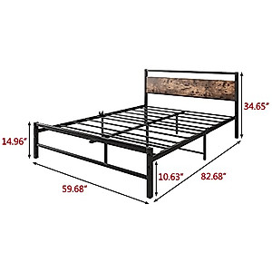 FOUBAM Queen Bed Frame with Wood Headboard,Heavy Duty Platform Bed Frames with Storage No Box Spring Needed,Reinforced Steel Square Pipe Mattress Foundation Noise Free,Black and Rustic Brown