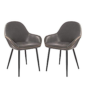 glitzhome Mid-Century Dining Chairs Set of 2 with Arm Leatherette Seat Metal Legs Living Room Bedroom Kitchen Modern Furniture, Grey