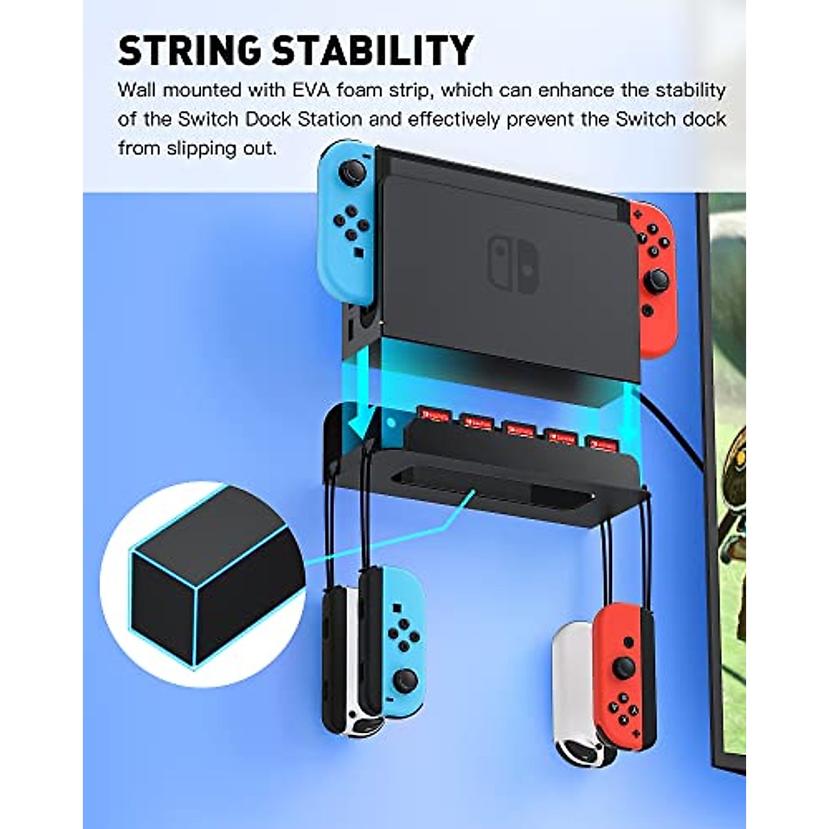 ZAONOOL Wall Mount for Nintendo Switch and Switch OLED, Wall Mount Kit Shelf Stand Accessories with 5 Game Card Holders and 4 Joy Con Hanger, Safely Store Your Switch Console Near or Behind TV (Black)