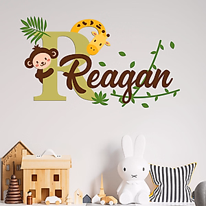 e-Graphic Design Inc Personalized Monkey & Giraffe Wall Stickers for Baby Girl or Boy I Custom Name & Initial for Nursery Wall Decor I Multiple Sizes and Colors Options (Wide 32" x 18" Height)