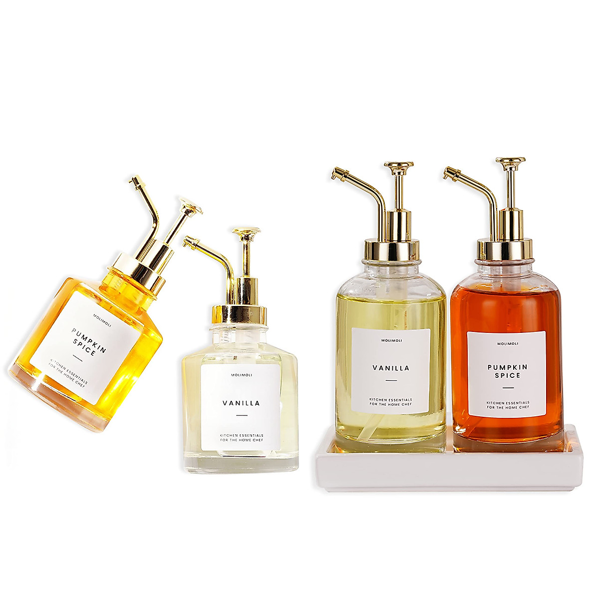 Molimoli Coffee Syrup Dispenser for Coffee Bar, Coffee Pump Dispenser Set of 2, 350ml Gold | Coffee Syrup Dispenser for Coffee Bar with Ceramic Tray, Coffee Pump Dispenser Set of 2, 500ml Gold+tray