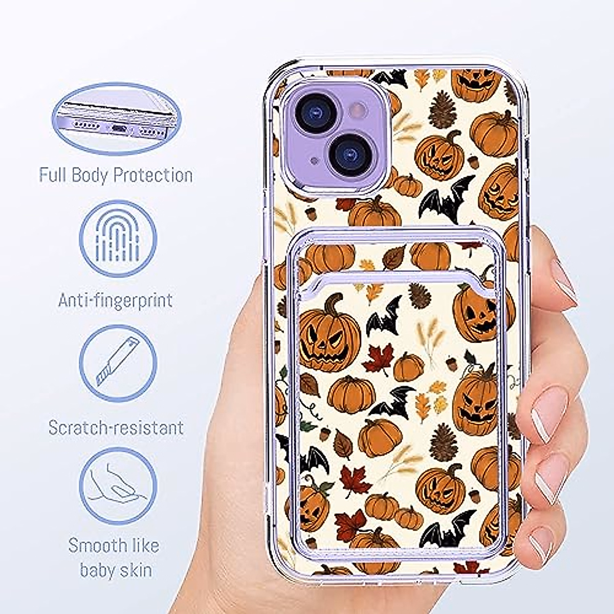 KANKENLU Boho Pumpkin Bat Leaves Halloween Pattern Clear Phone Case Compatible with iPhone 13 Mini with Card Holder,Halloween Theme Case for Women Girl,Card Slot Slim Wallet Case