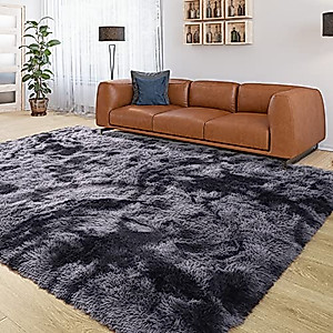 QXKAKA Shag Area Rugs for Living Room 8x10 Ft, Fluffy Soft Indoor Large Area Rug, Washable Modern Shaggy Rug Home Decor, Non-Slip Plush Carpet for Bedroom Nursery Kids Room, Tie Dye Dark Grey