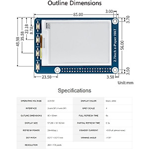 waveshare 2.7inch E-Ink Display HAT,264x176 Pixel Black,White Two-Color 3.3V/5V E-Paper Screen LCD for Raspberry Pi 4B/3B+/3B/2B/Zero/Zero W/Zero WH and Jetson Nano SPI Interface Support Full Refresh