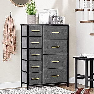 Crestlive Products Vertical Dresser Storage Tower - Sturdy Steel Frame, Wood Top, Easy Pull Fabric Bins, Wood Handles - Organizer Unit for Bedroom, Hallway, Entryway, Closets - 9 Drawers (Gray)