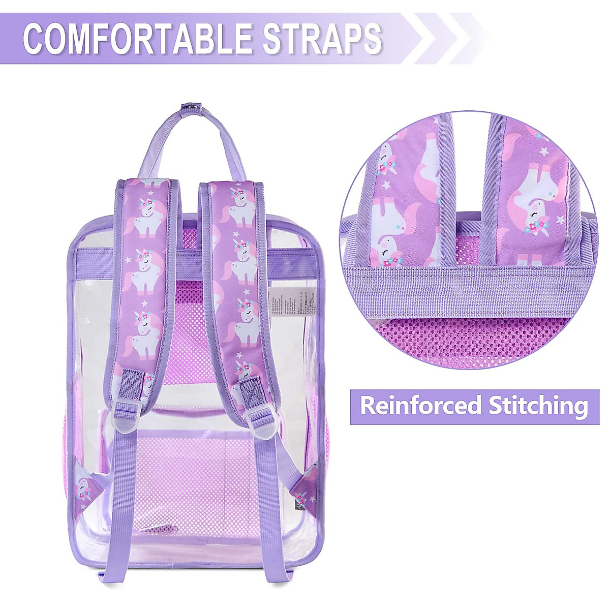 VASCHY Clear backpack for Women, Heavy Duty Transparent See Through Stadium Approved Square Backpack for Teen Girls Bookbag Schoolbag Unicorn